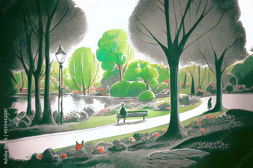 The illustration of the green park depicts a lush and verdant landscape ...