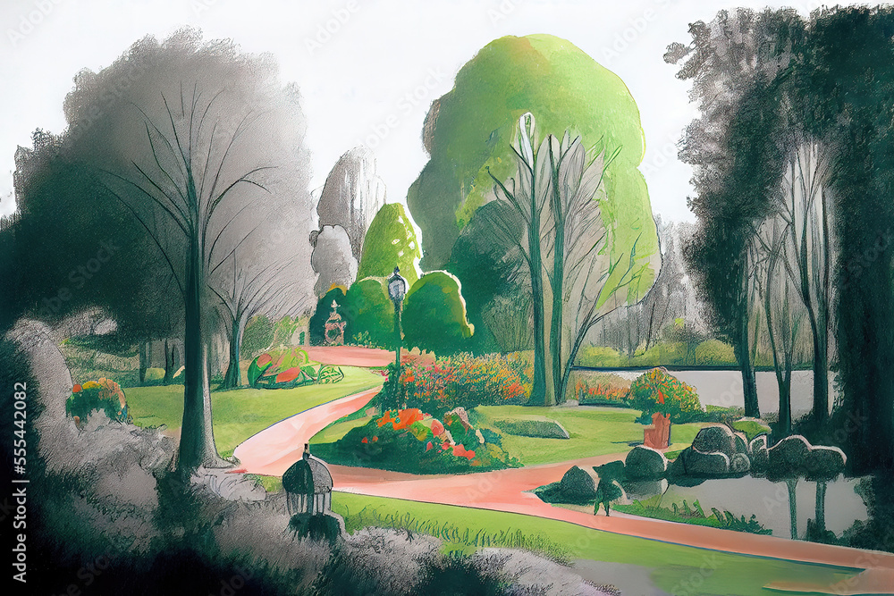 The illustration of the green park depicts a lush and verdant landscape ...