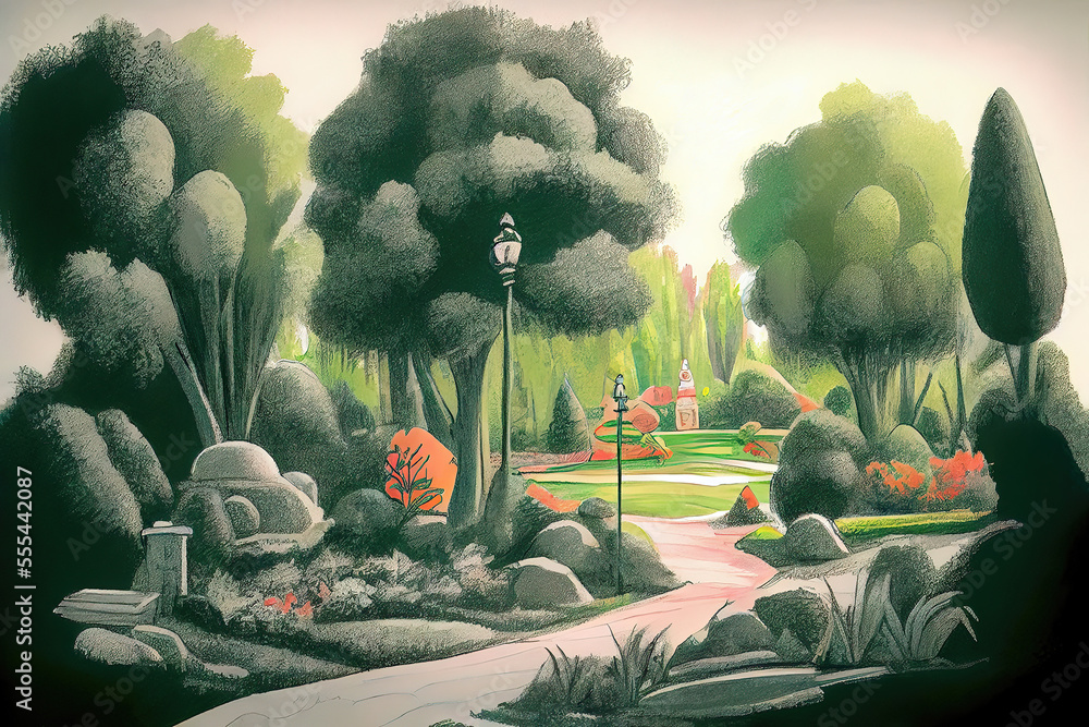 The illustration of the green park depicts a lush and verdant landscape ...