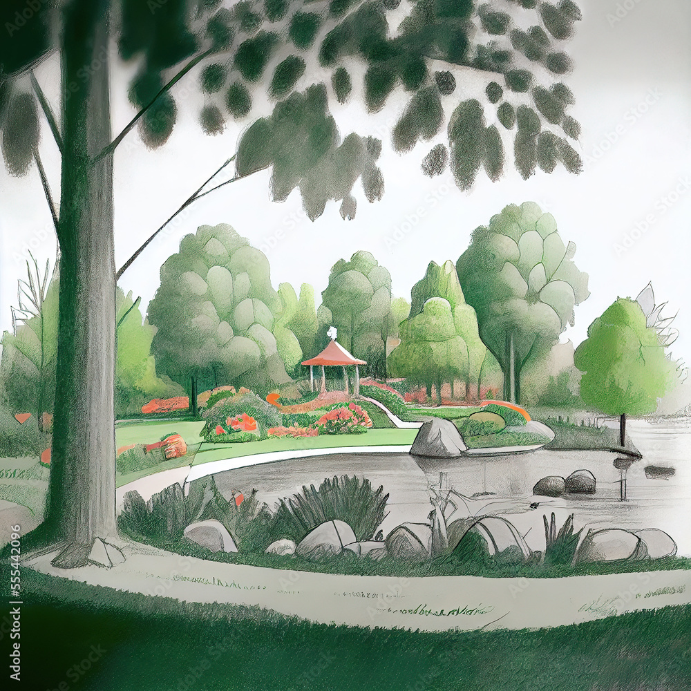 The illustration of the green park depicts a lush and verdant landscape ...