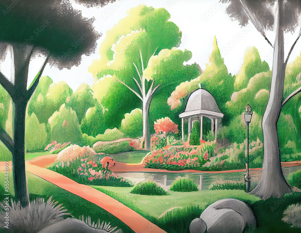 The illustration of the green park depicts a lush and verdant landscape ...