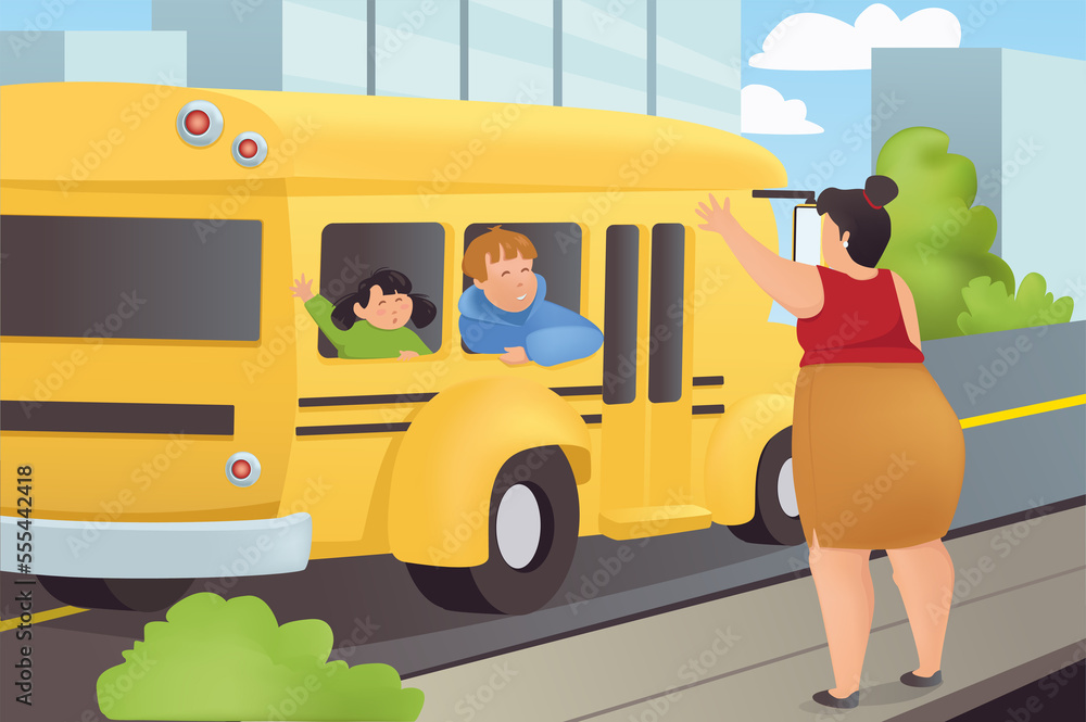 Children go to school concept in flat cartoon design. Mom waving to son ...