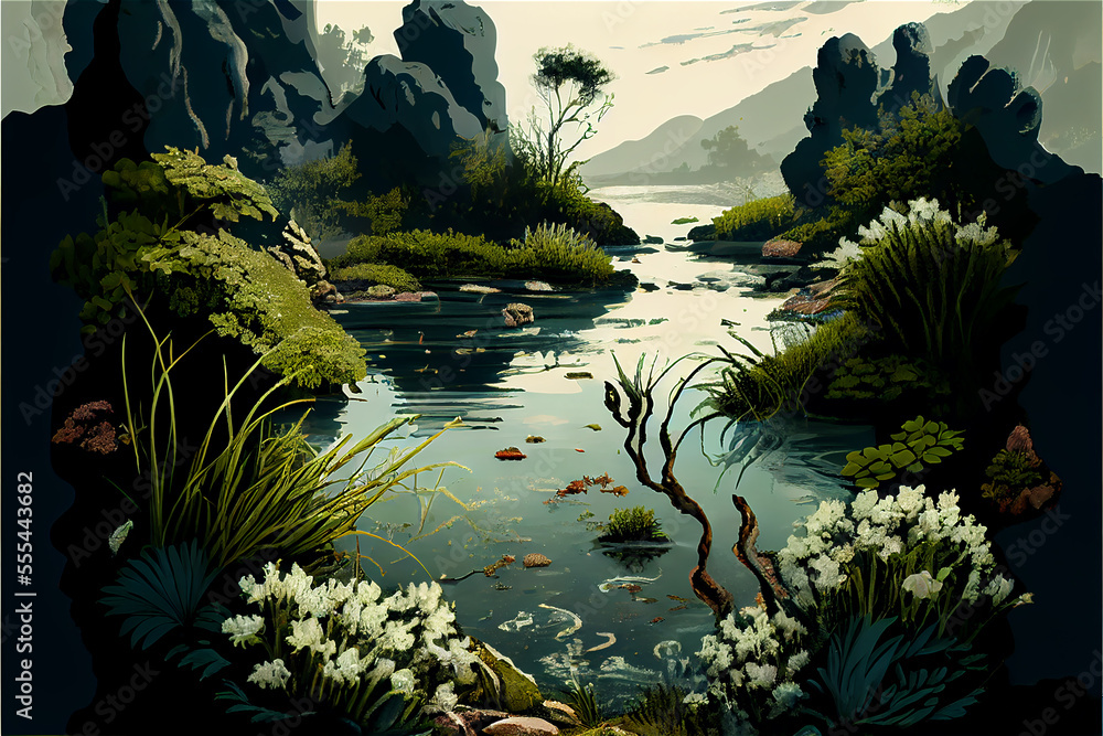 Oriental English style gardening with rocaille and aquatic plants Stock ...