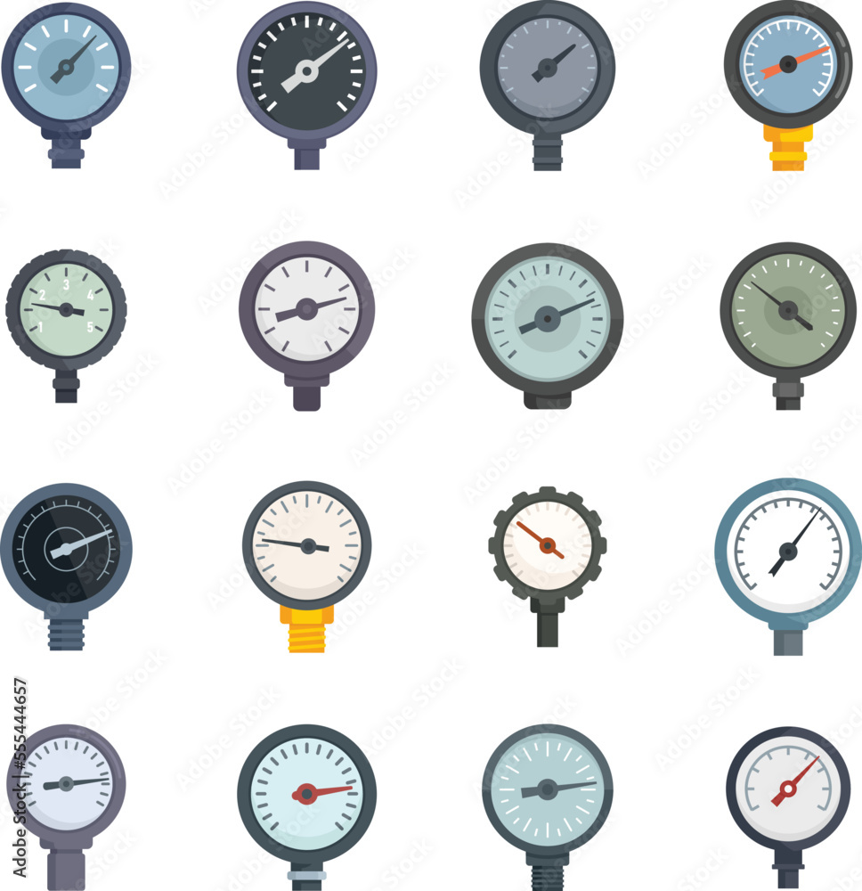 Manometer icons set flat vector. Pressure gauge. Reading manometer ...
