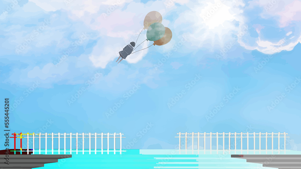 anime girl flying away with balloons digital art, painting, 3d ...