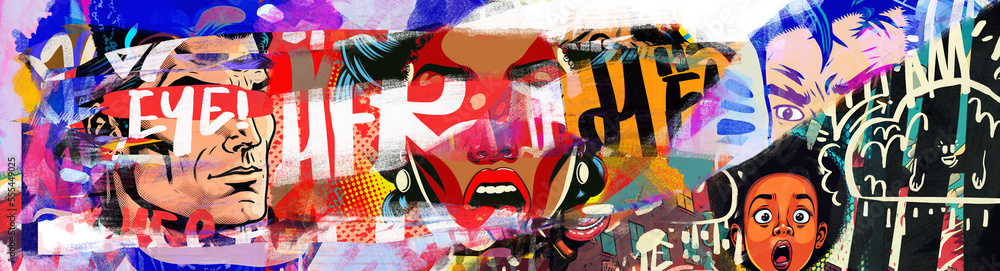 fresco of a bold character portrait and comic book bubble amid a ...