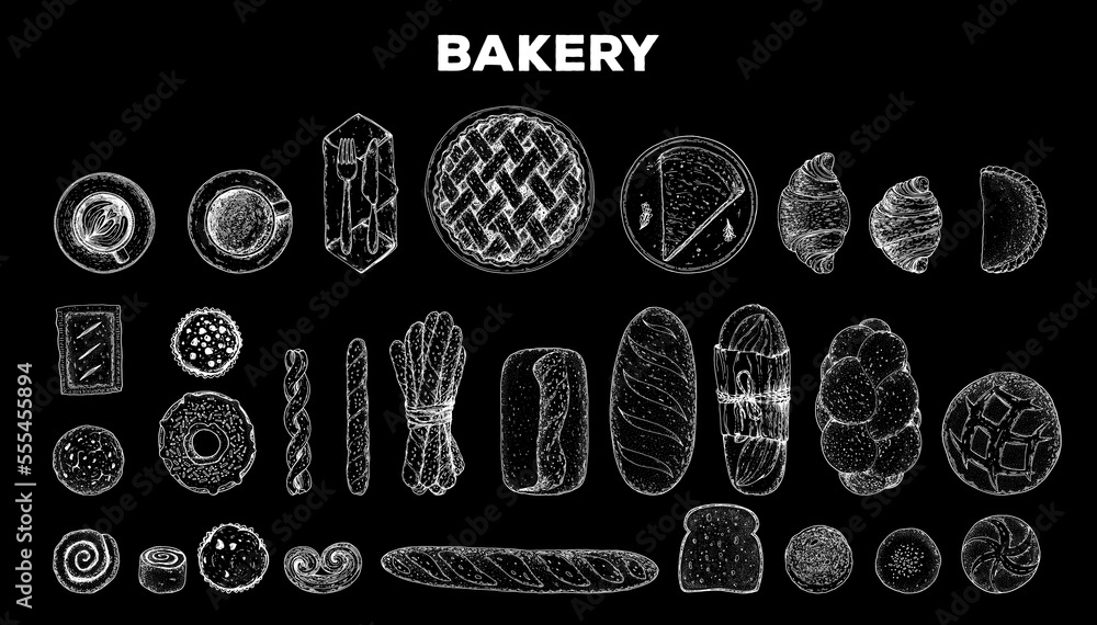 Bakery sketch set. Bakery collection. Hand drawn sketch with bread ...