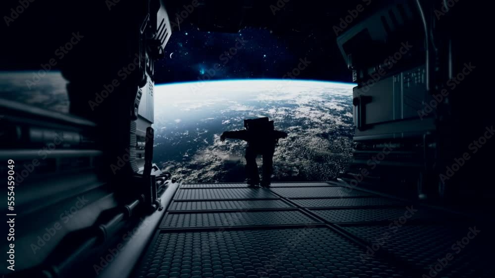 An astronaut runs and almost falls out of a spaceship into outer space ...