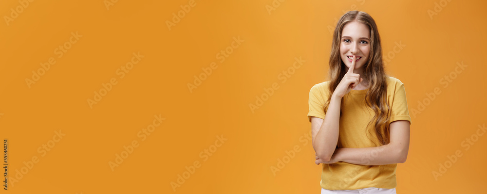 Girl wants keep secret betweet us. Portrait of charming good-looking ...