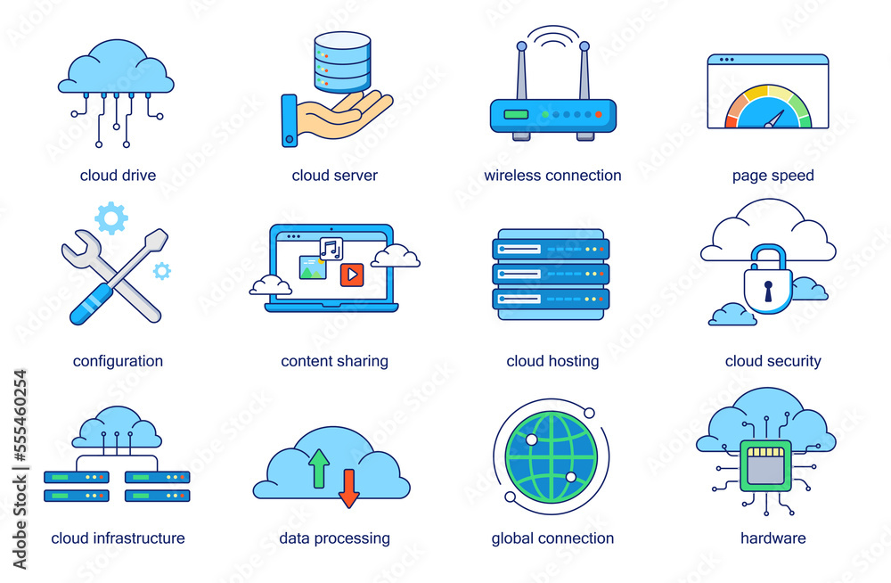 Cloud technology concept line icons set. Pack outline pictograms of drive, server, wireless ...