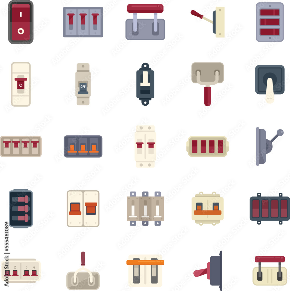 Breaker switch icons set flat vector. Cable chopper. Circuit switch ...