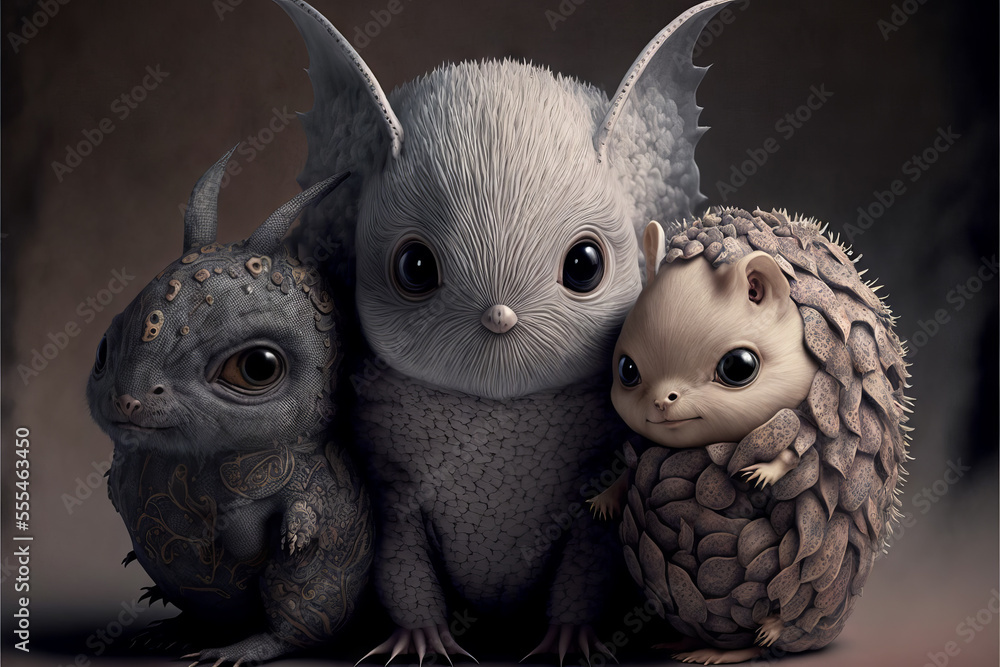 Poster Three mythical forest critters hugging, close up portrait, sweet ...