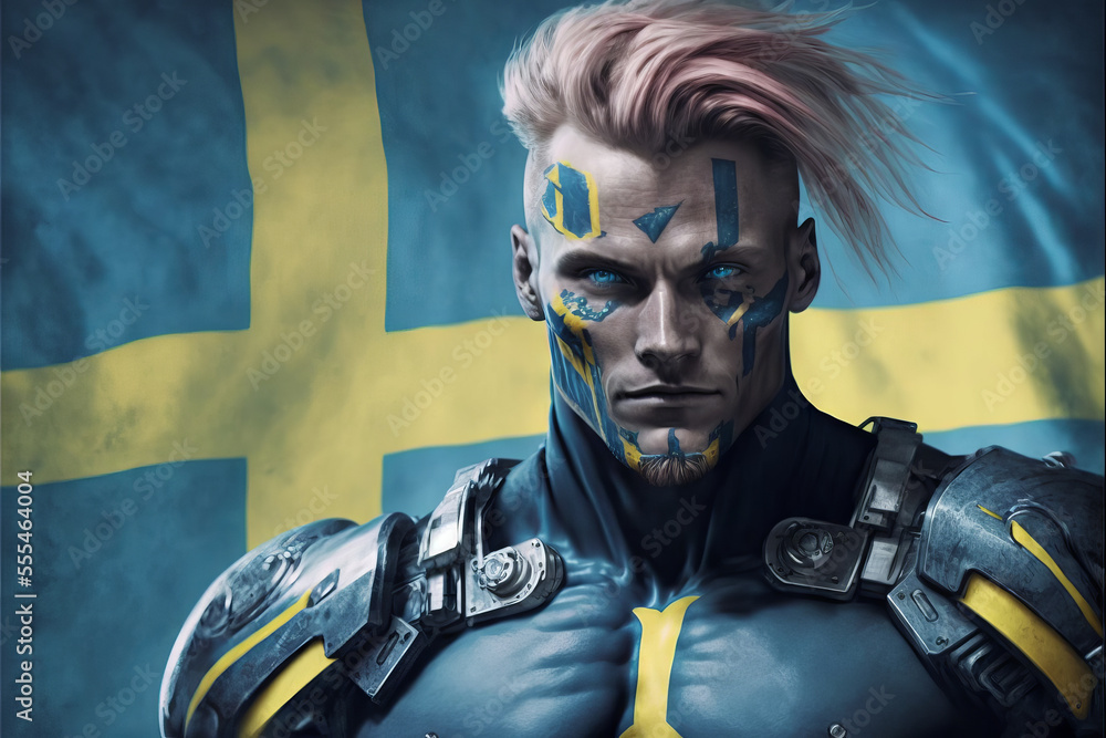 Heroic swedish super soldier, cyborg, strong and muscly, long blonde ...