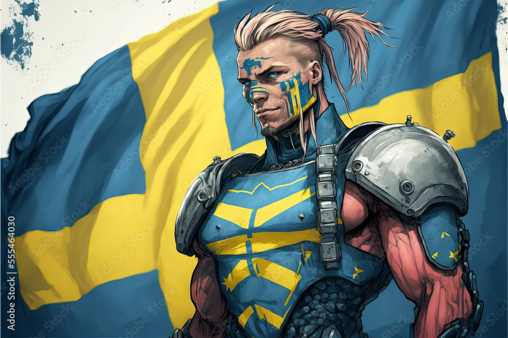 Heroic swedish super soldier, cyborg, strong and muscly, long blonde ...