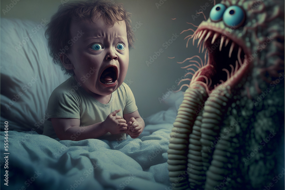 Horror, baby is attacked by an evil worm monster, screaming in fear ...