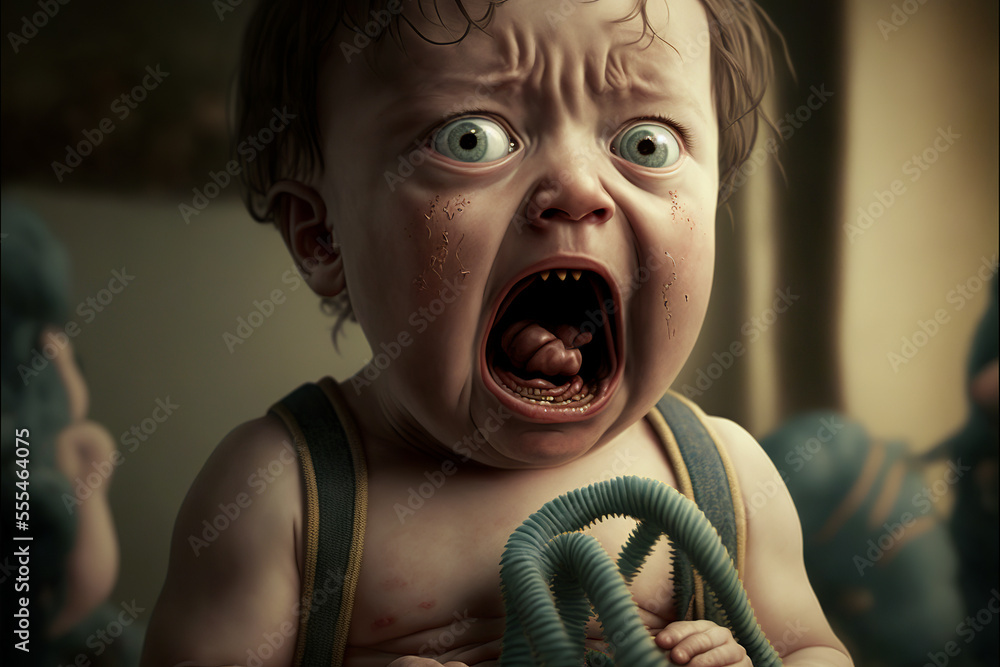 Horror, baby is attacked by an evil worm monster, screaming in fear ...