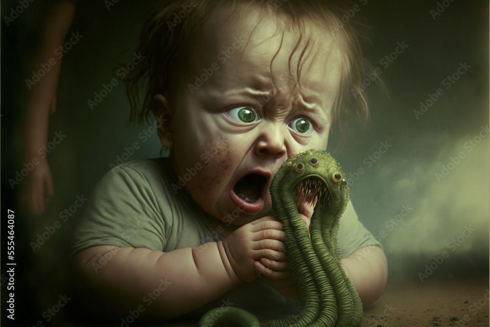 Horror, baby is attacked by an evil worm monster, screaming in fear ...