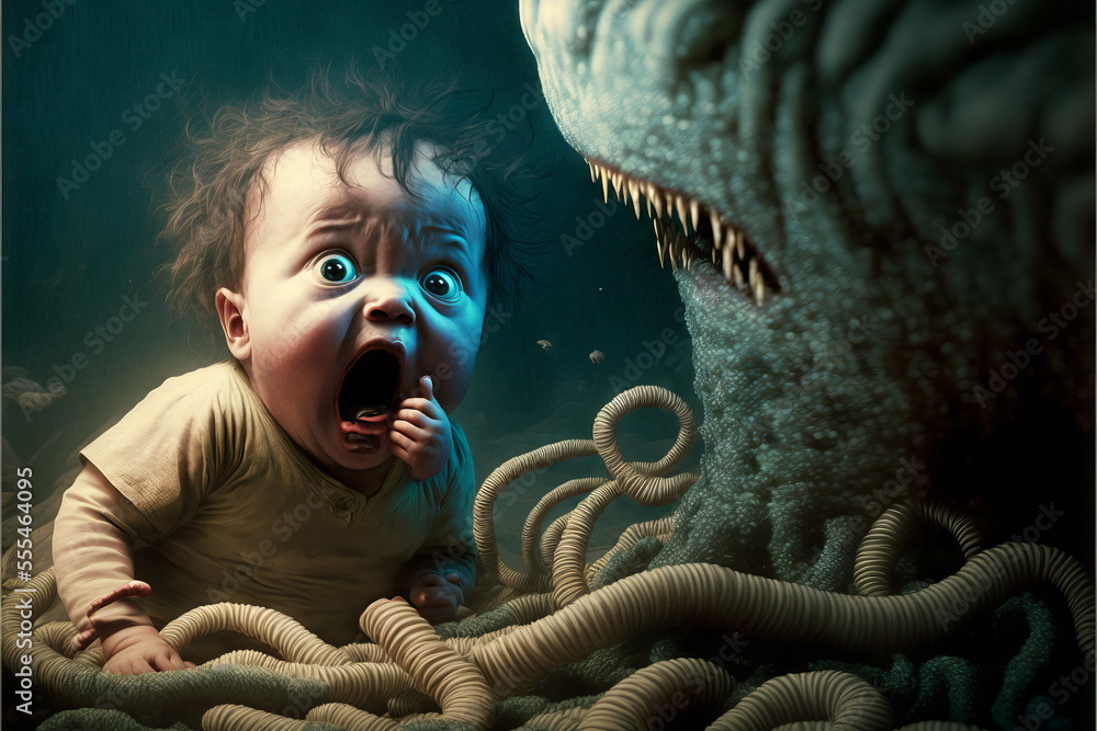 Horror, baby is attacked by an evil worm monster, screaming in fear ...