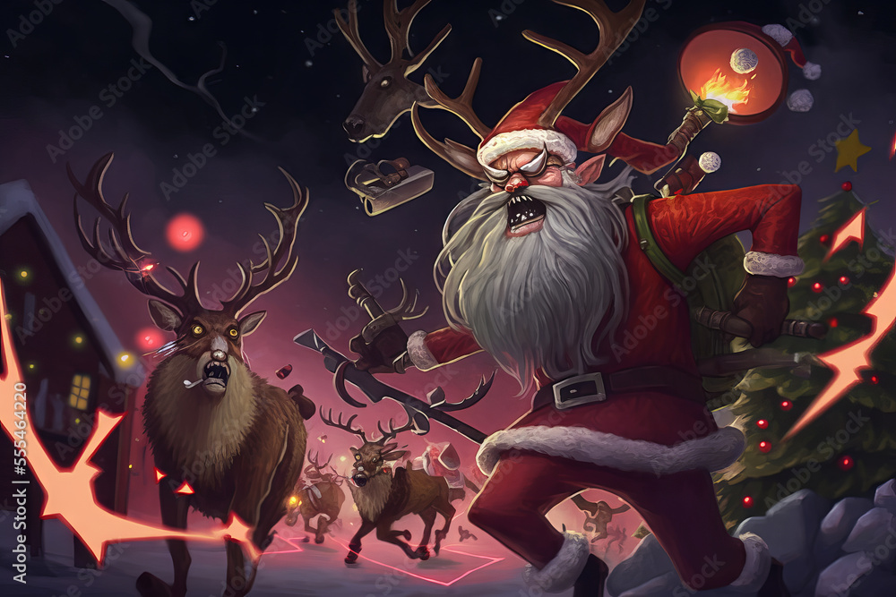 Evil alien santa claus is fighting in an epic battle with crazy weapons ...