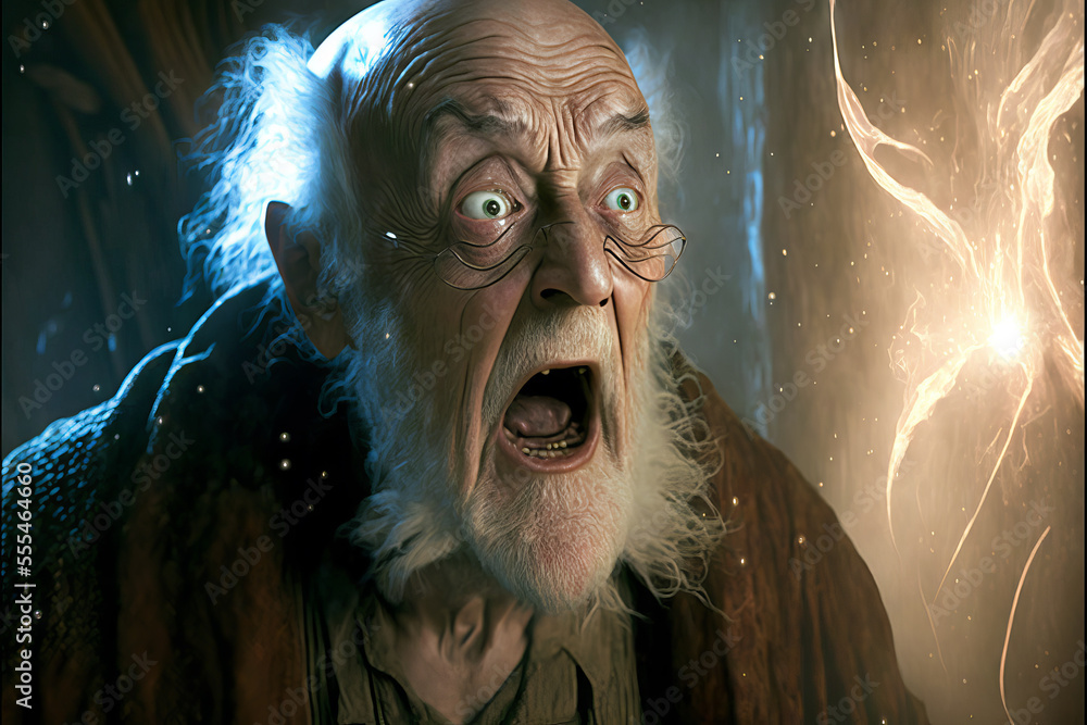 Crazy old magician or mad scientist is scared by a lightning he created ...