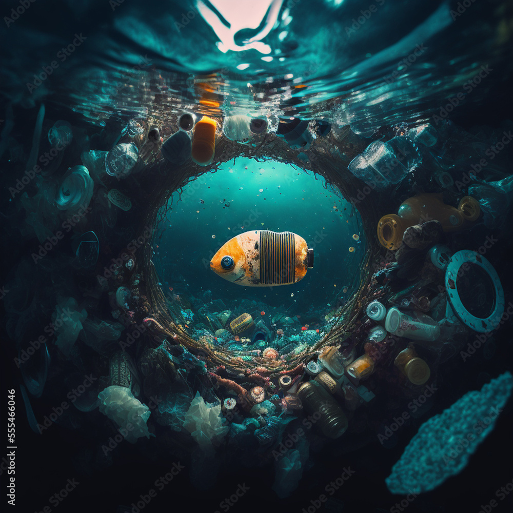 Illustration of plastic waste underwater in the world's largest ocean ...