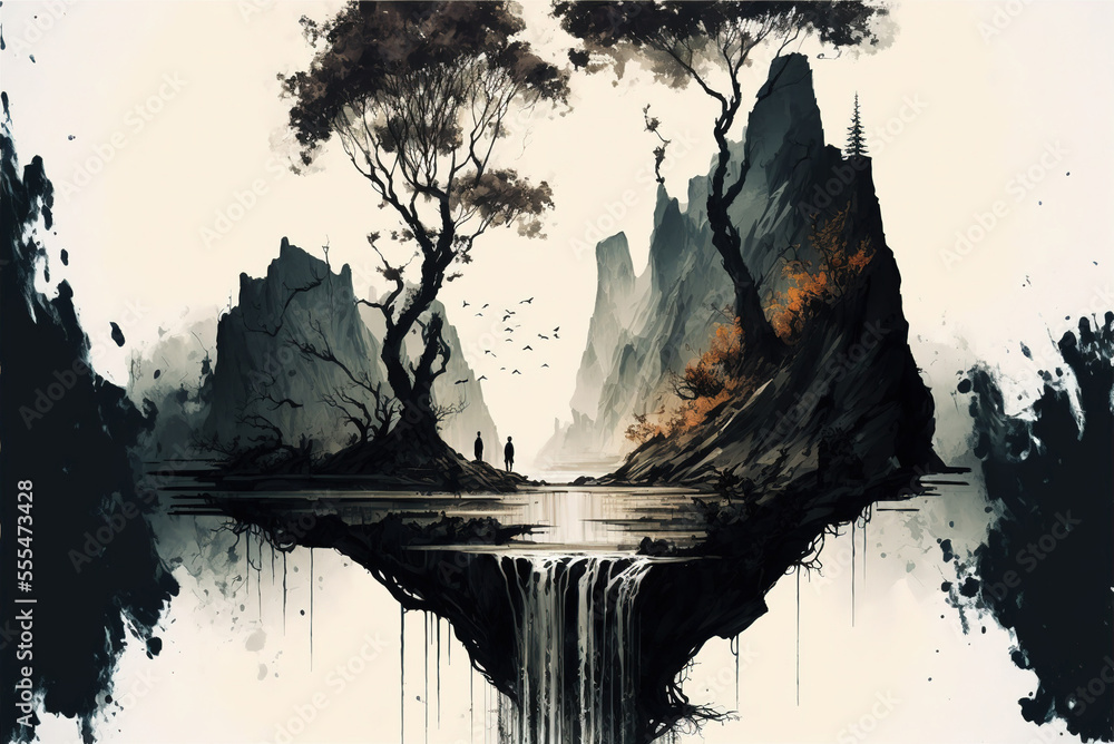 Inception like landscape with trees and waterfall, dark water paint ...