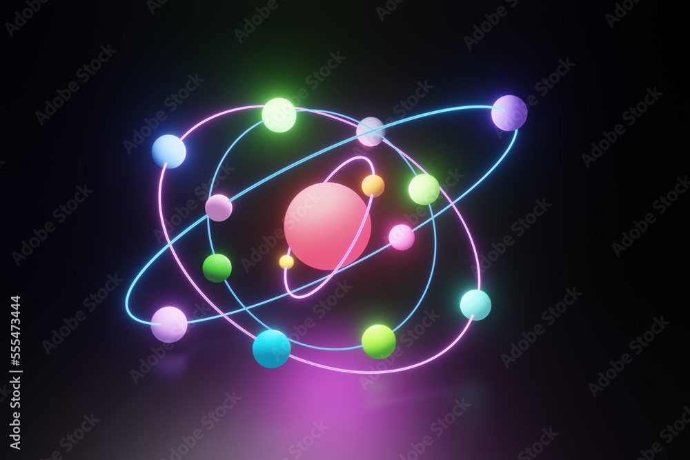 Neon Glowing electrons moving around atomic core in circular orbits on ...