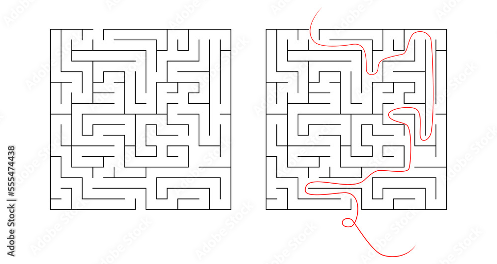 Square maze for kids. Simple puzzle: "Linear maze". Vector illustration ...