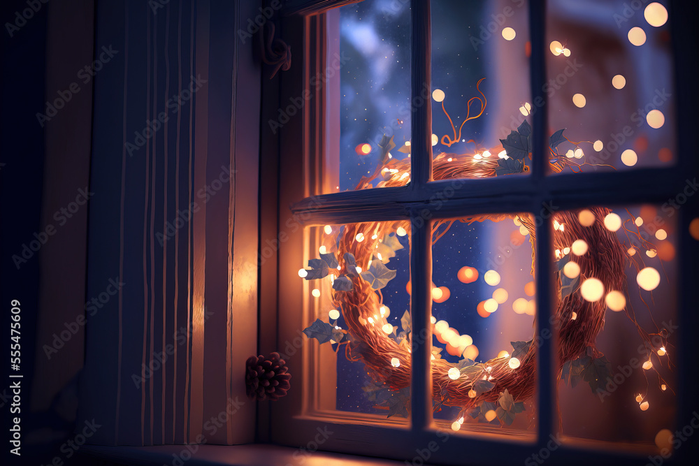 Christmas decoration light garland decorating a window. Hygge ...