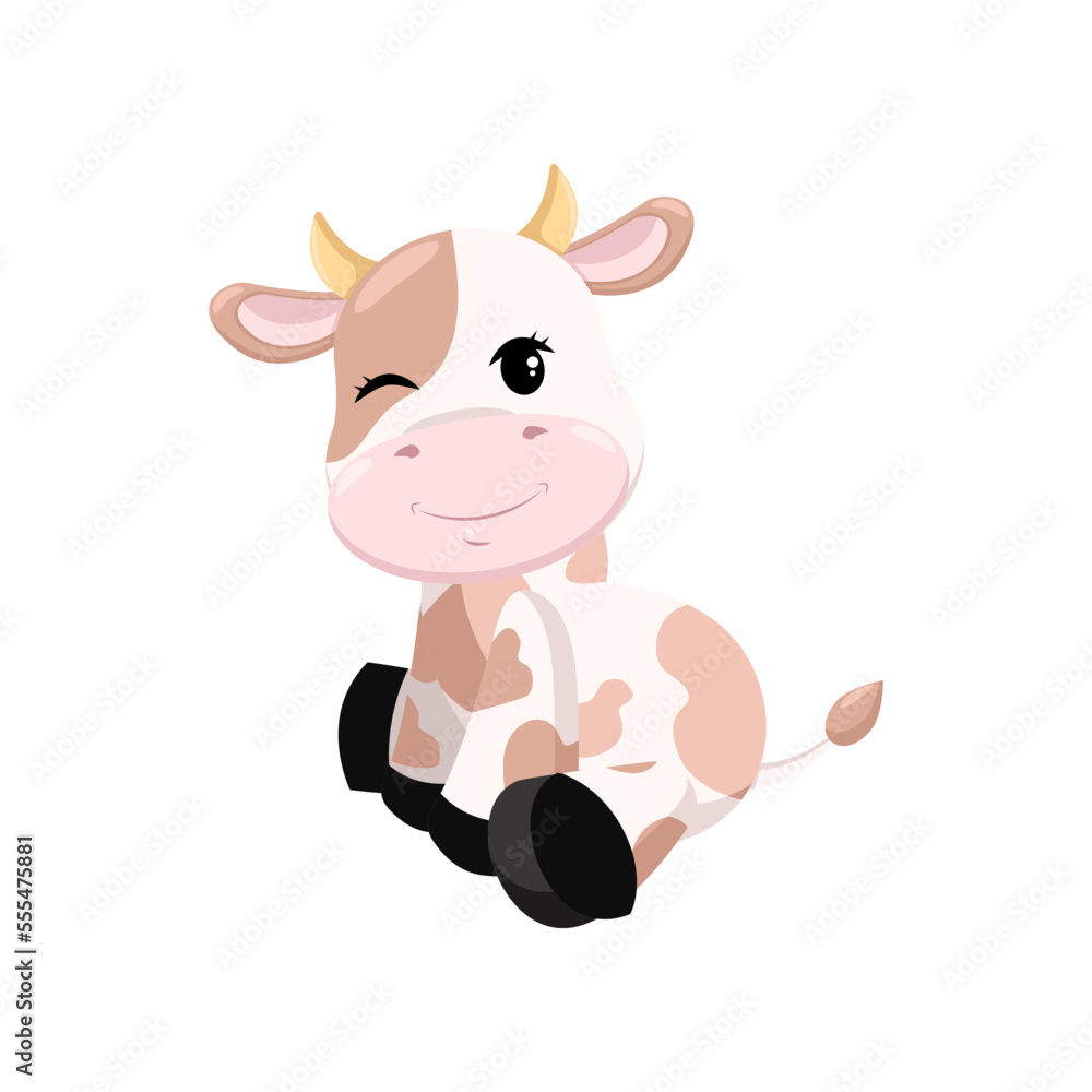 Happy baby cow sitting and winking cartoon illustration. Cute little ...