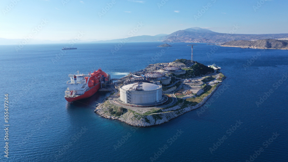 Aerial drone photo of LNG (Liquified Natural Gas) tanker anchored in ...