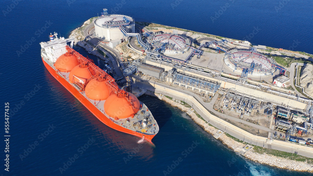 Aerial drone photo of LNG (Liquified Natural Gas) tanker anchored in ...
