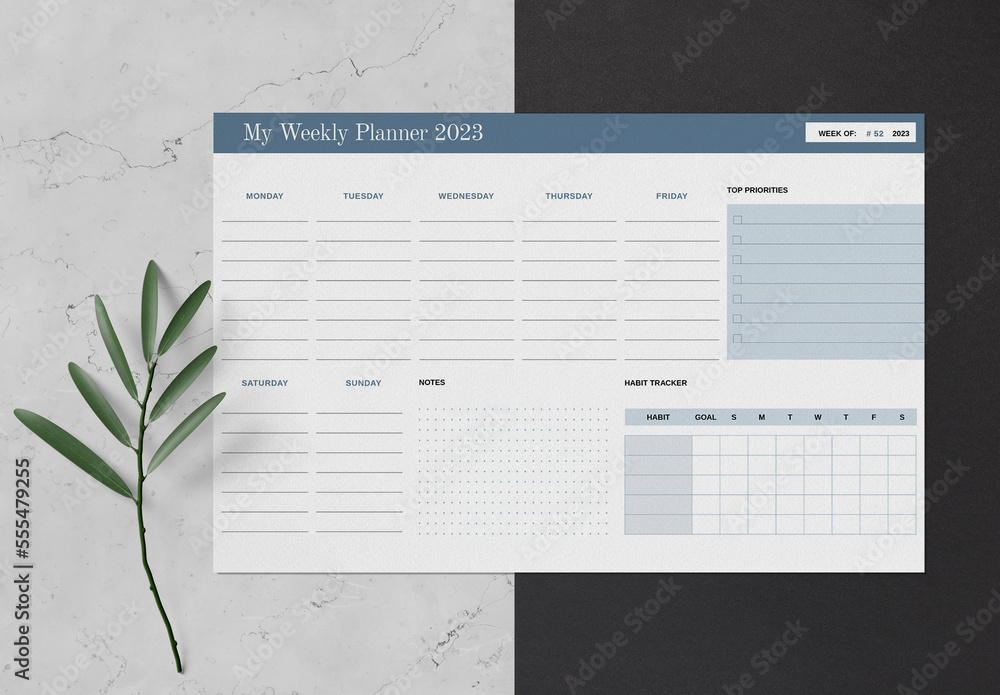 Blue Desk Weekly Planner 2023 Layout Stock Template | Adobe Stock