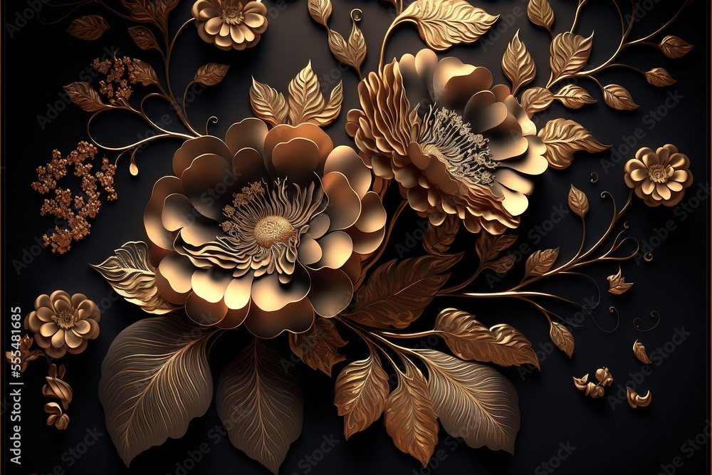 a gold flower on a black background with gold leaves and flowers on it ...
