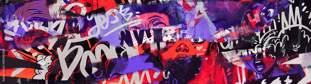 Dynamic fresco of graffiti street art, featuring vibrant neon hues and ...