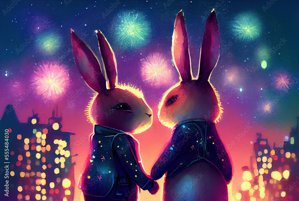 Rabbits couple holding hands and watching fireworks over the city, 2023 ...