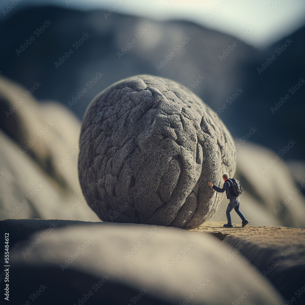Illustration of the myth of Sisyphus. Concept for a metaphor for the ...