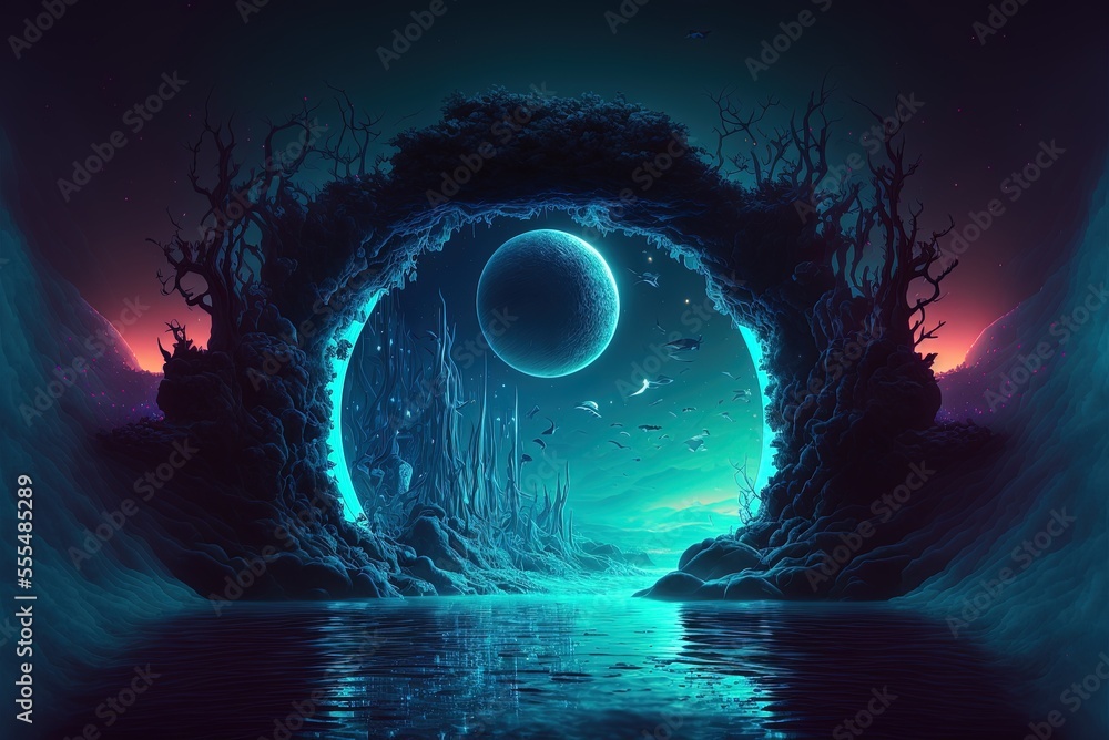 Magical, submerged realm. Image of an abstract island in the middle of ...