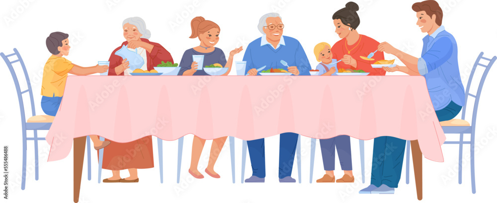 Family dinner. Cartoon happy people eating at table Stock Vector ...