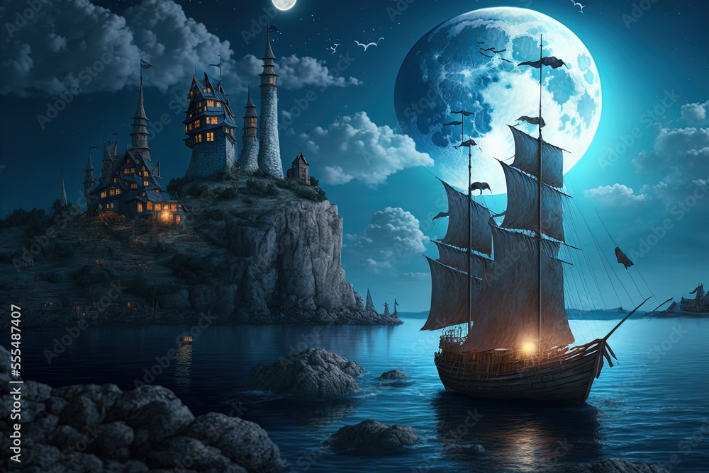 Amazing graphic artwork depicting a schooner from a medieval fantasy ...