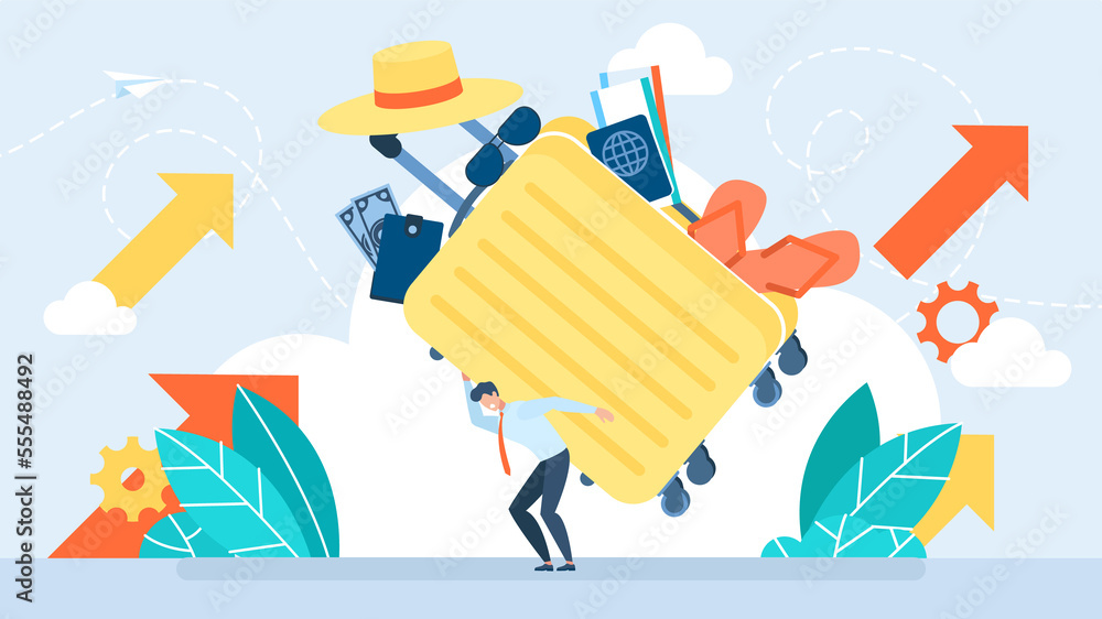 Person with baggage or luggage. A man carries heavy luggage. Slouching ...