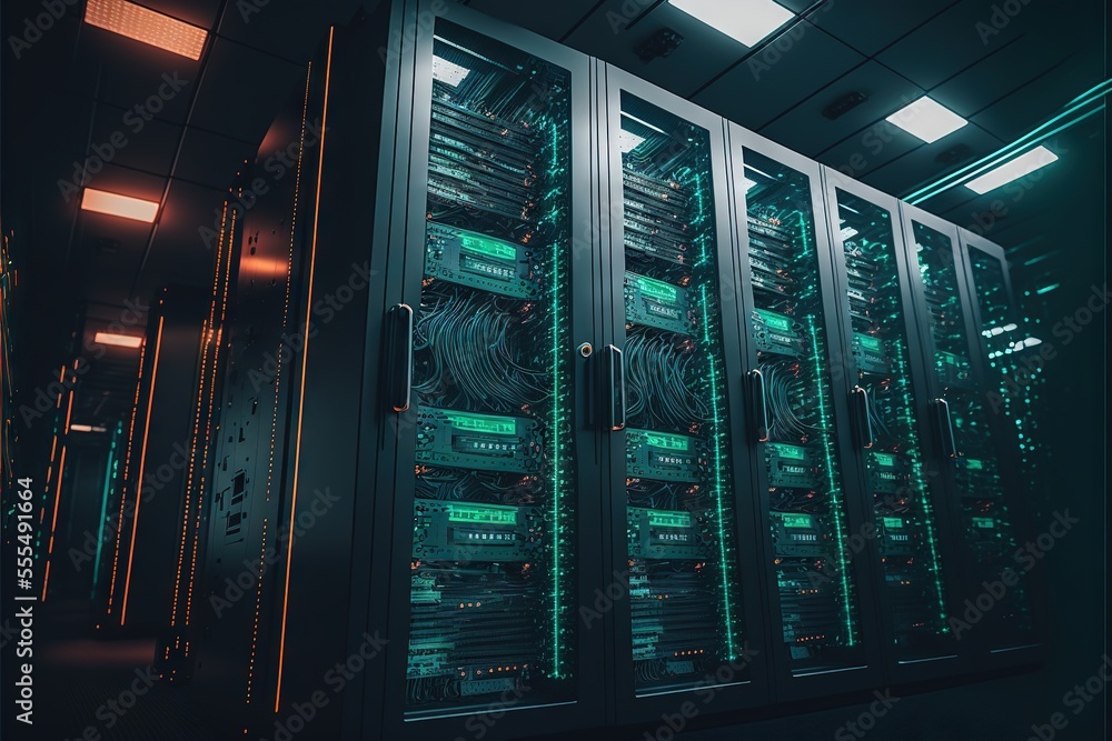 a large server in a server room with many wires and wires in it's racks ...