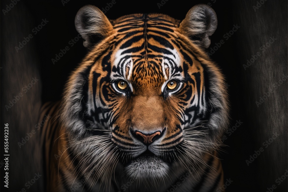 a tiger with a black background and a brown and white tiger's face and ...