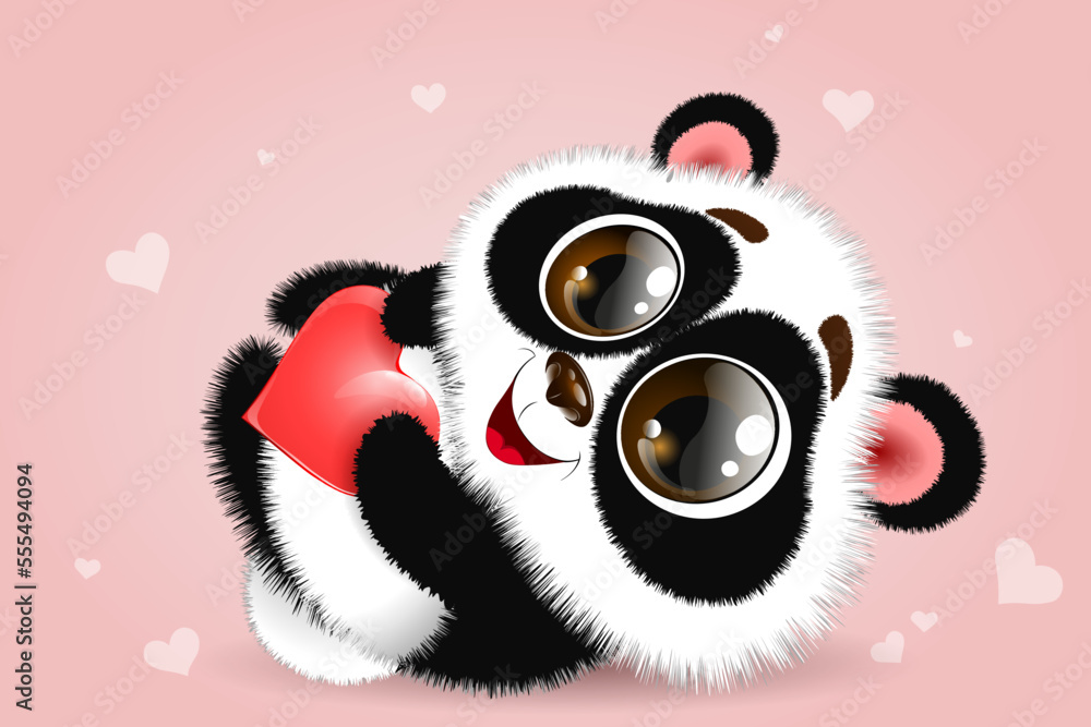Cute fluffy cartoon little Panda laying on the back with red heart in ...