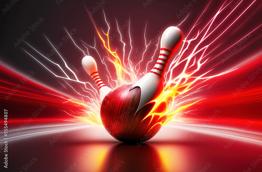 Bowling Ball crashing into pins on red abstract background ...