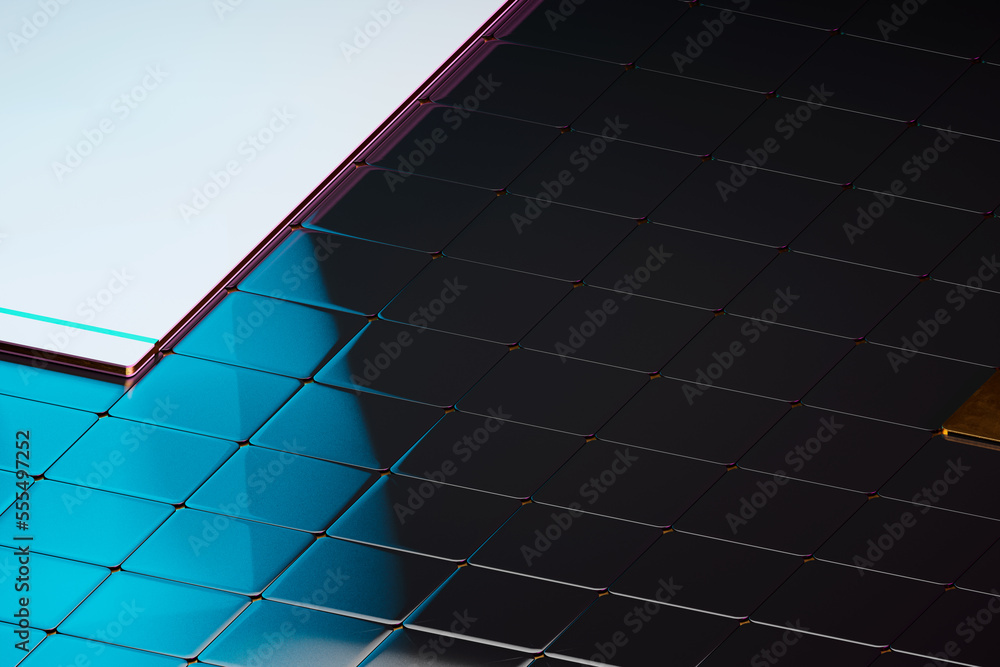 Tiled digitally generated product advertisement stage. Dark beveled ...