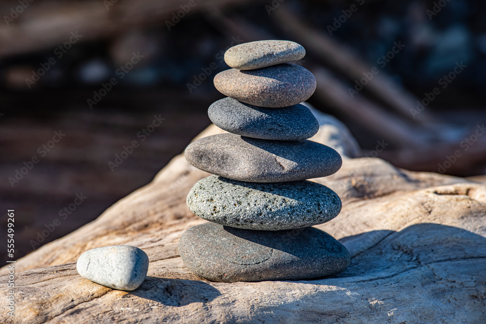 Pile of rocks on a rock surface, creating a small cairn, Fort Flagler ...