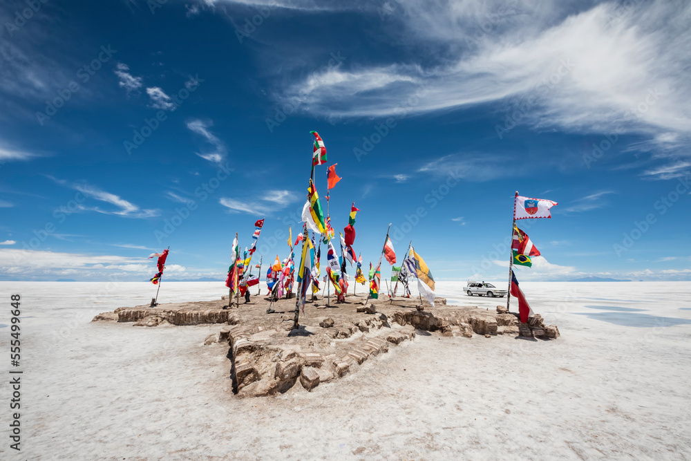 Flags of countries participating in the Bolivia Dakar Rally on Salar de ...