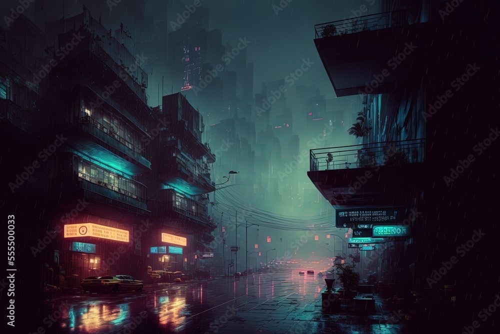 Nighttime dystopian cityscape illustration in a cyberpunk style; ideal ...