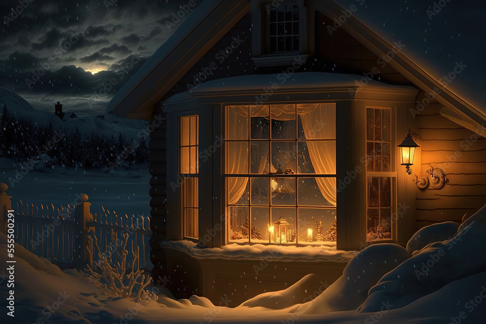 christmas night, snow, house, light in windows, beautiful, concept art ...